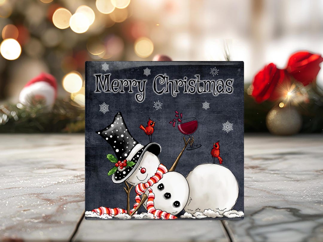 Merry Christmas Snowman Ceramic Tile With Cardinals and Wine Glass ...