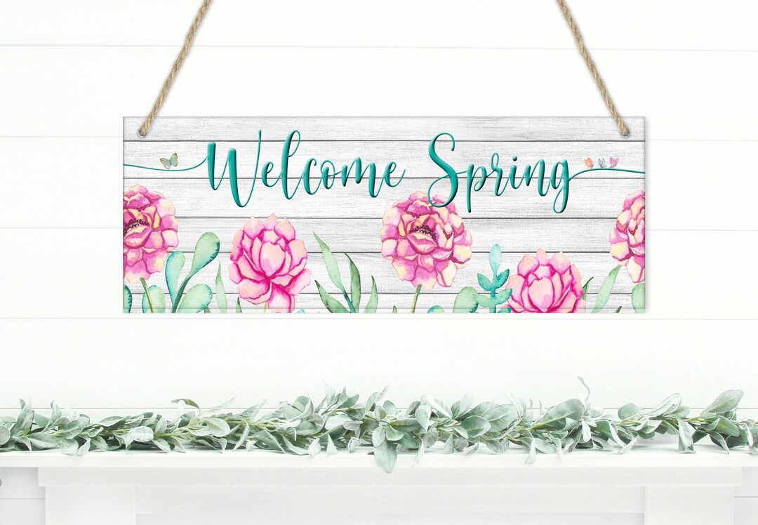Welcome Spring Hanging Sign With Pink Flowers and Rope - Etsy