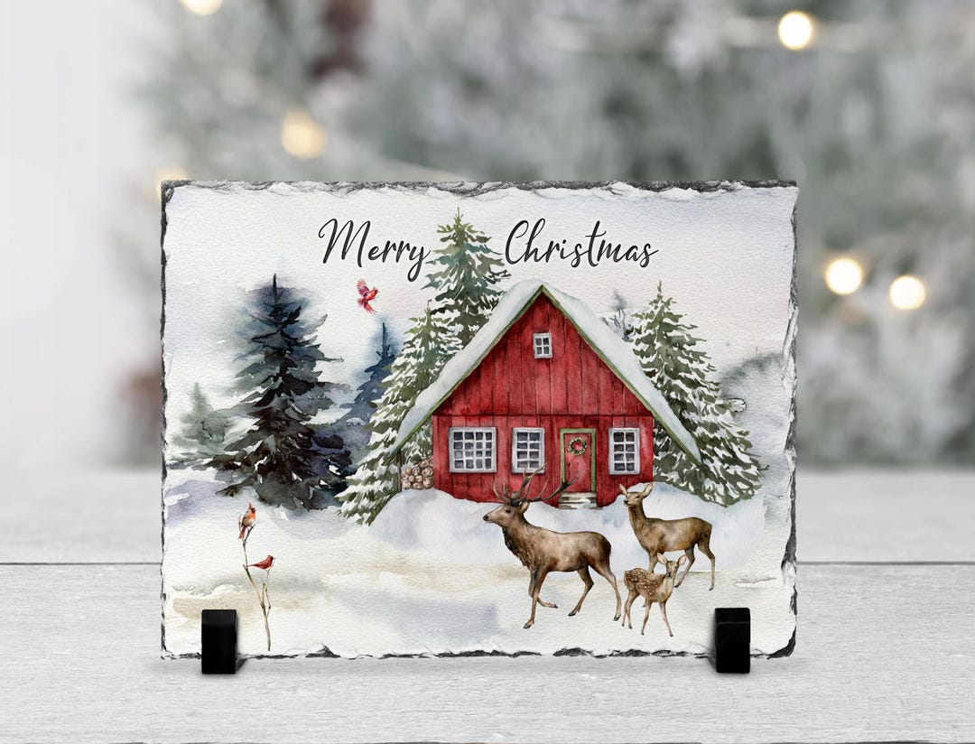 Merry Christmas Slate Tile, Rustic Winter Display, Snowy Landscape ...