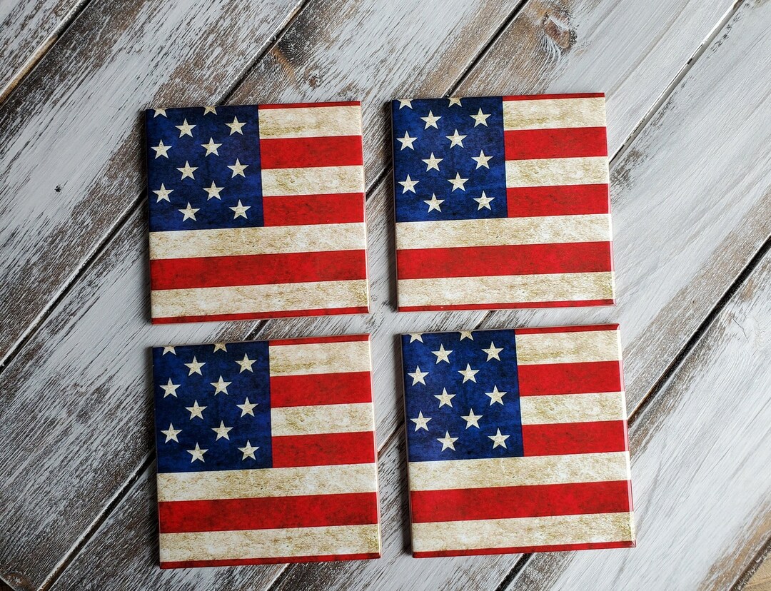 Patriotic Coasters American Flag Red White and Blue USA Ceramic Set of ...