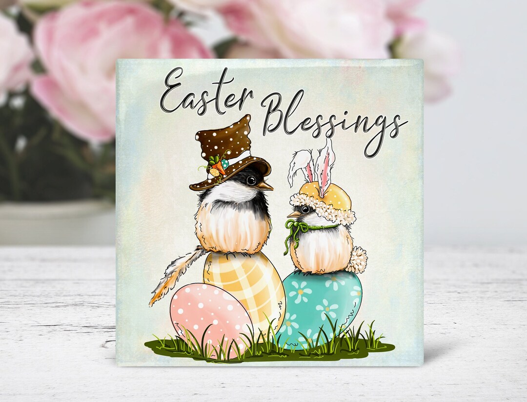 Cute Easter Ceramic Tile With Chickadees and Easter Eggs, Happy Easter ...