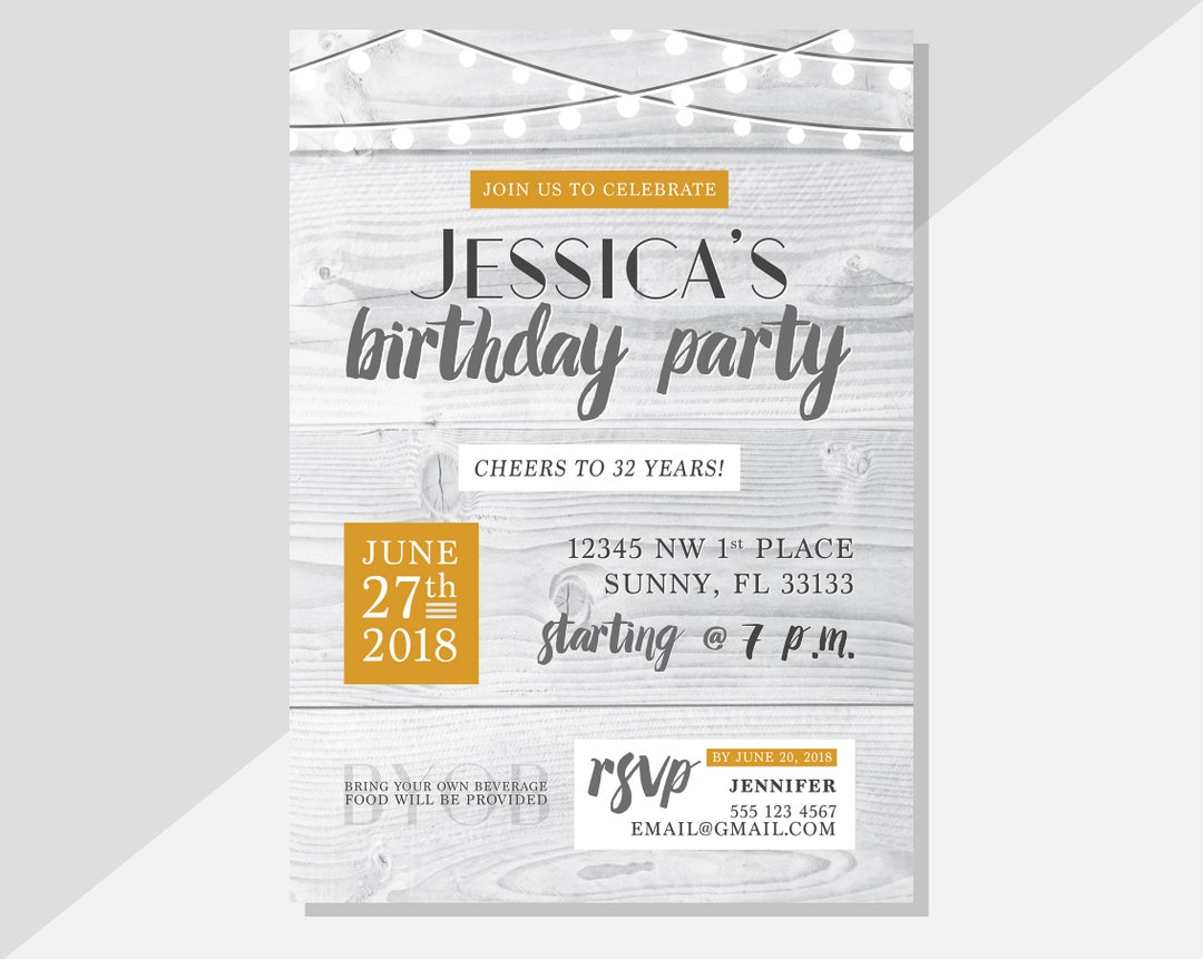 Birthday Party Invitation - Rustic Modern / Yellow (mustard) and Grey ...