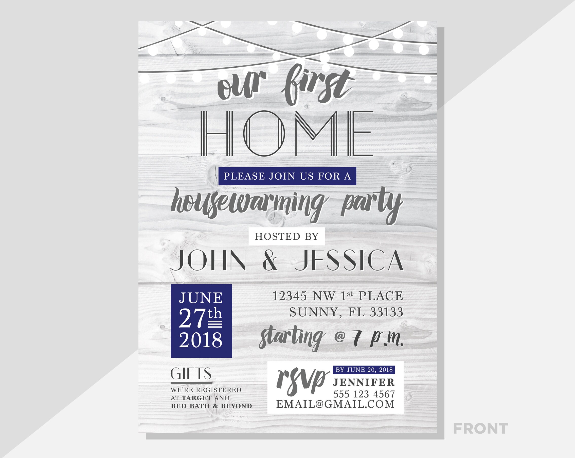 Housewarming Party Invitation - Rustic Modern / Navy Blue and Grey ...