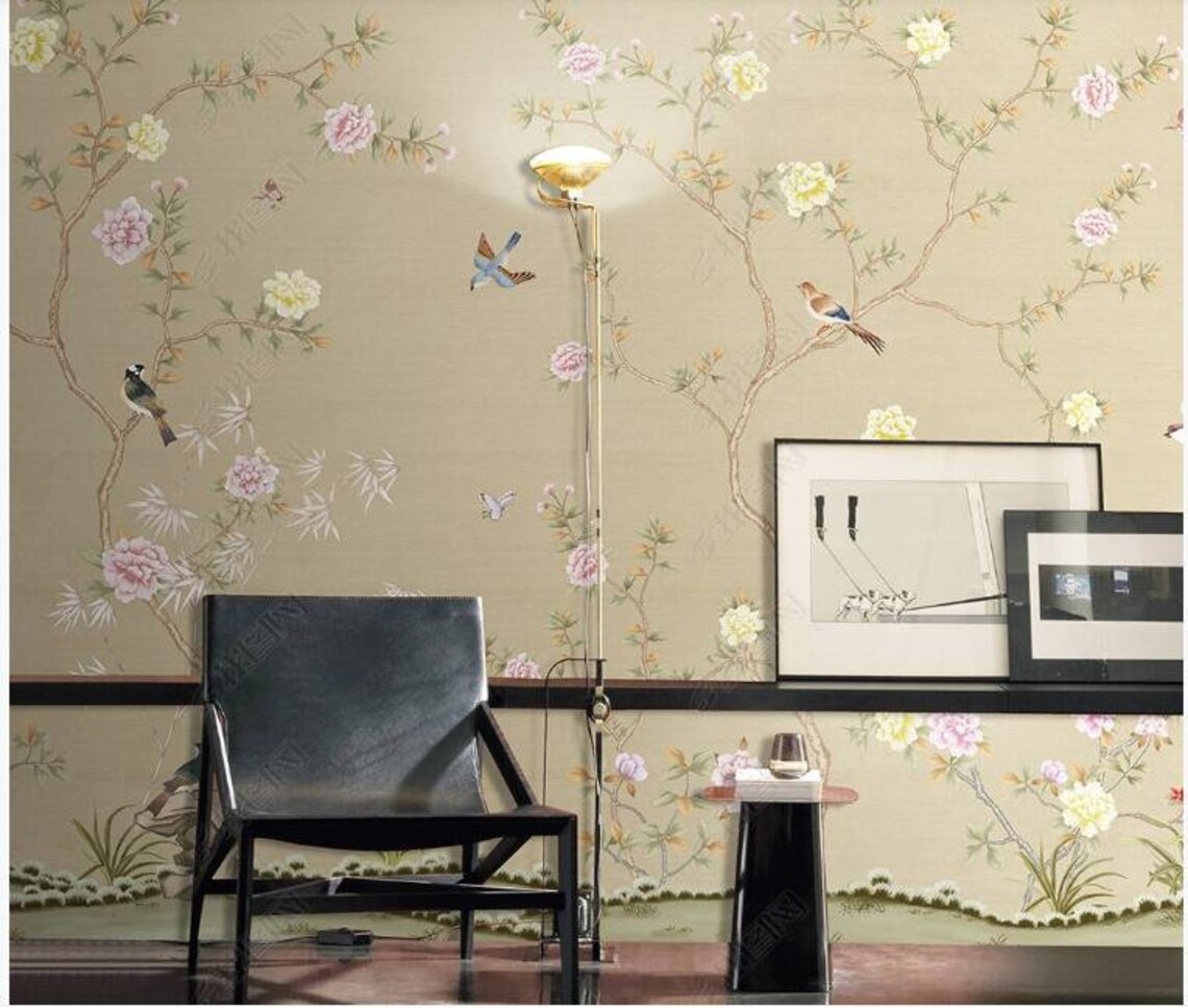 Fine Brushwork Chinoiserie Peony and Birds Wallpaper Wall - Etsy