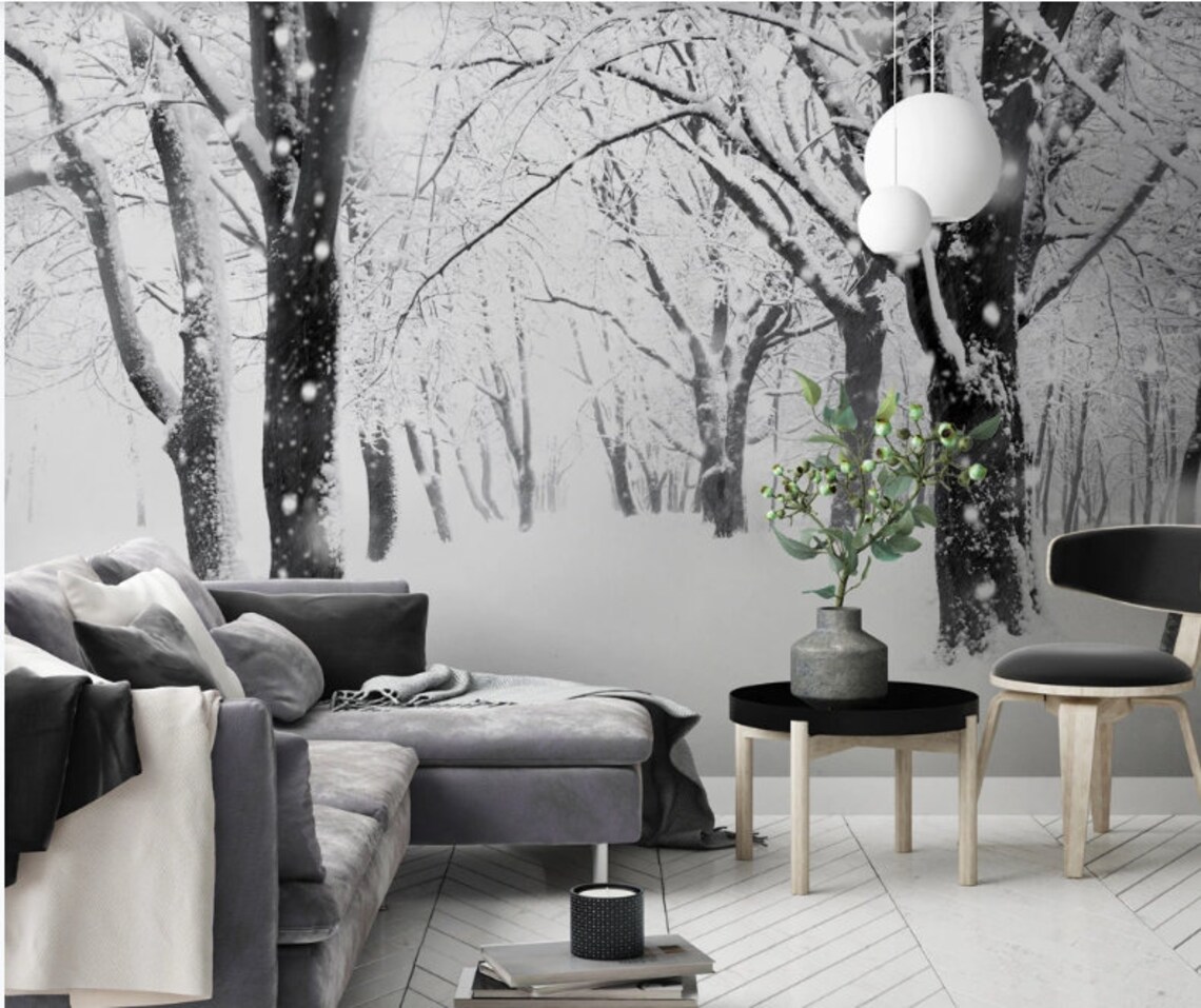 Snow Trees Winter Trees Wallpaper Wall Mural Birch With Snow - Etsy