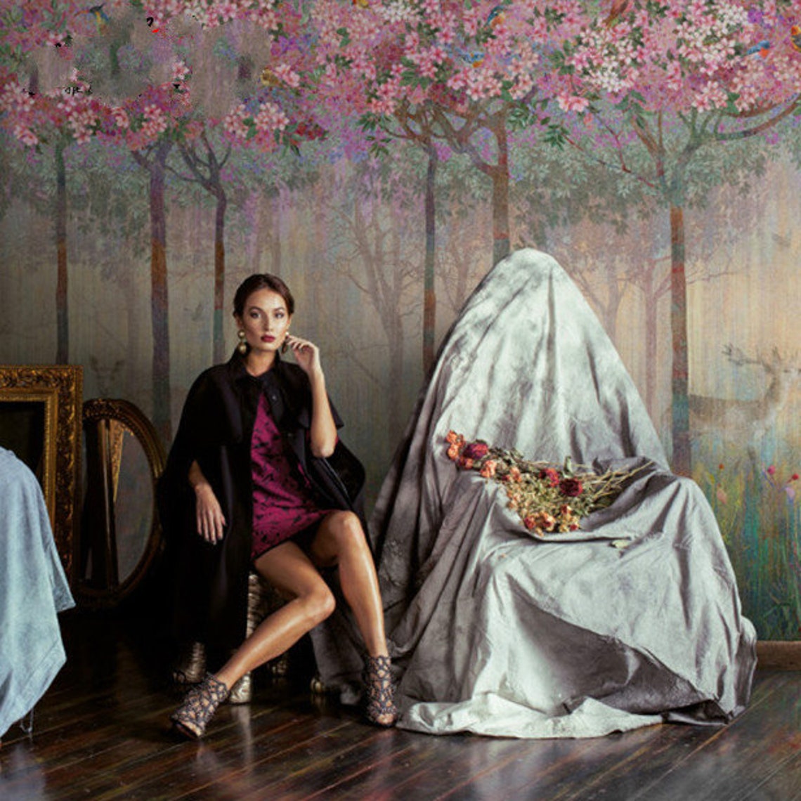 Oil Painting Vintage Flower Tree Wallpaper Wall Mural Shabby - Etsy