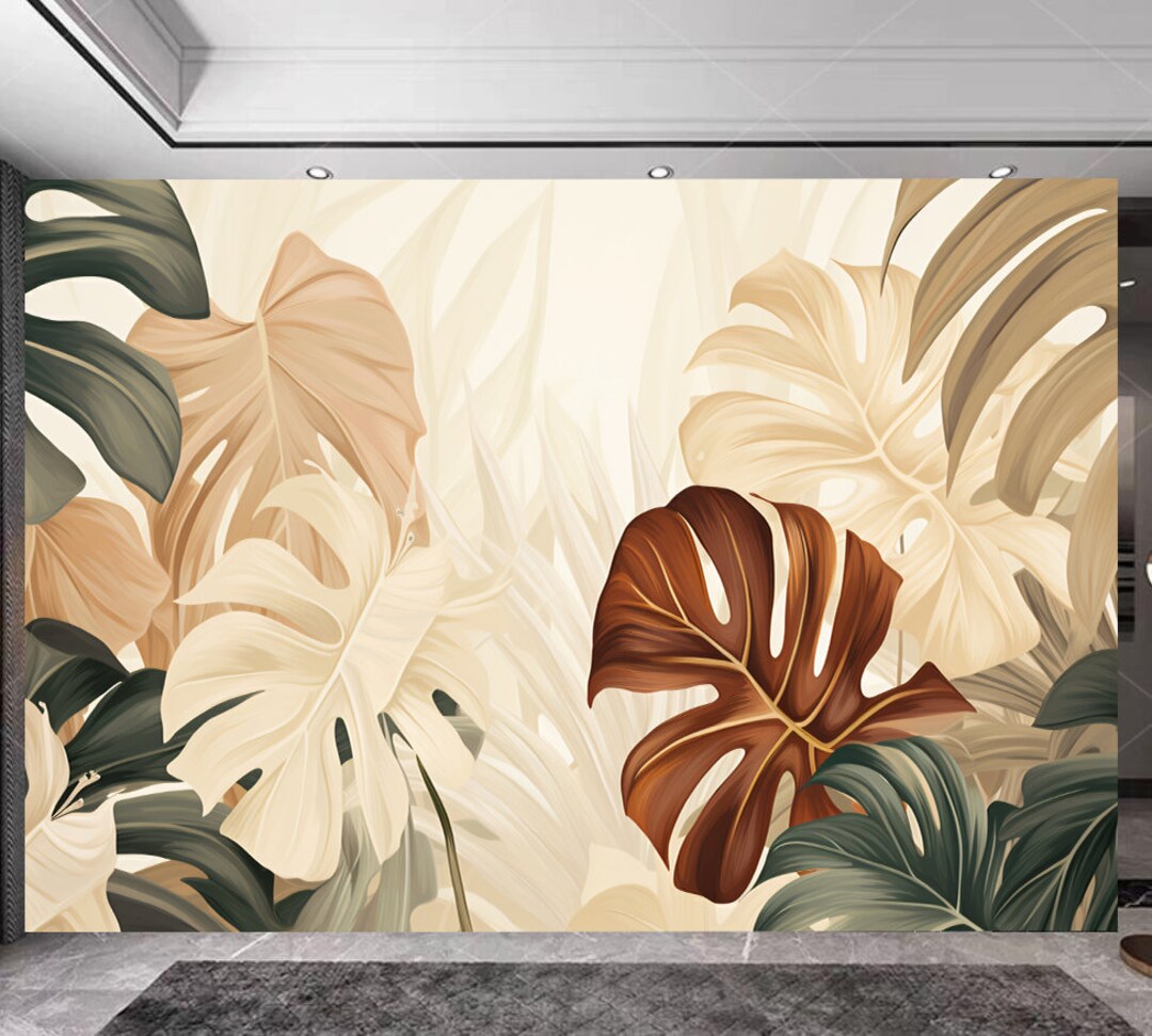 Minimalist Abstract Monstera Leaves Wallpaper Wall Mural, Bedroom ...