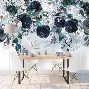 Watercolor Dark Navy Ivory Roses Flowers Floral Wallpaper Wall Mural ...