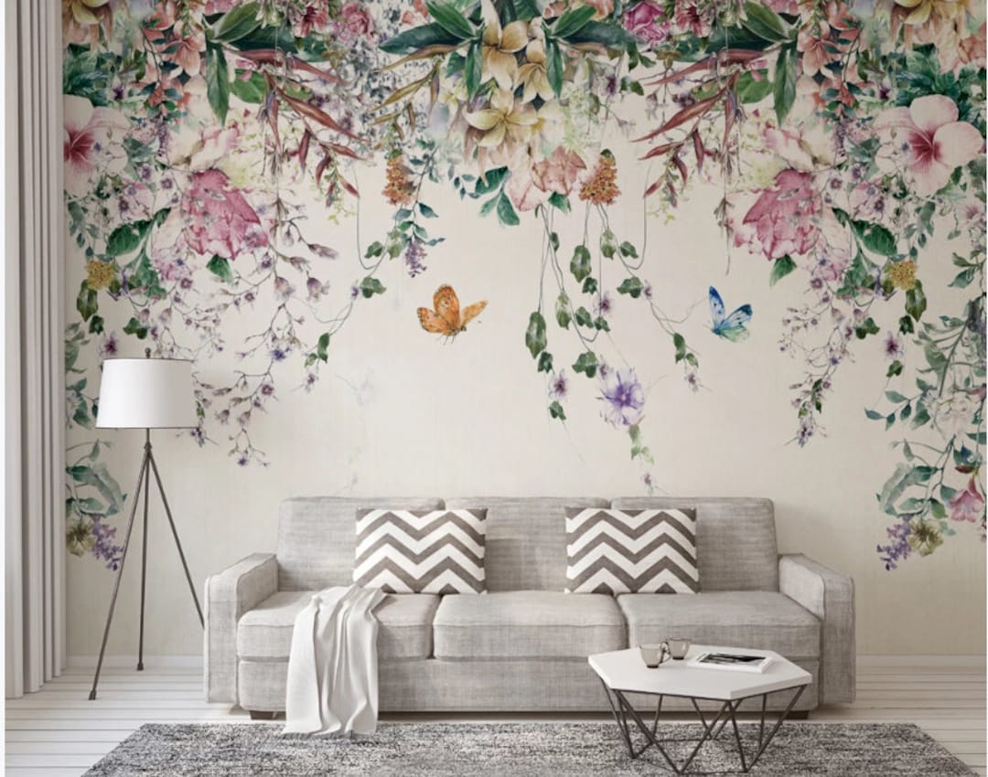 Watercolor Hanging Flowers Floral Wallpaper Wall Mural, Beautiful ...