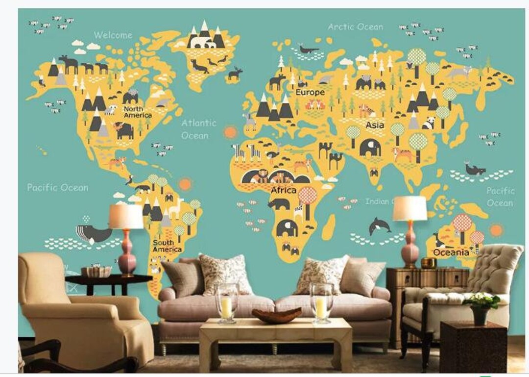 Hand Painted World Map Nursery Wallpaper Wall Mural, World Map With ...