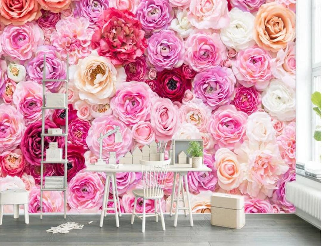 Pink Roses Flowers Floral Wallpaper Wall Mural Wall Decor - Etsy