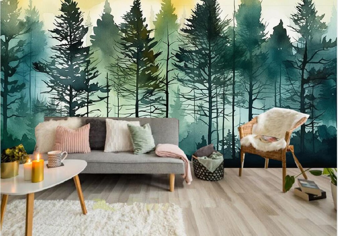 Watercolor Forest Trees Wall Mural: Spring Green Nursery Decor - Etsy