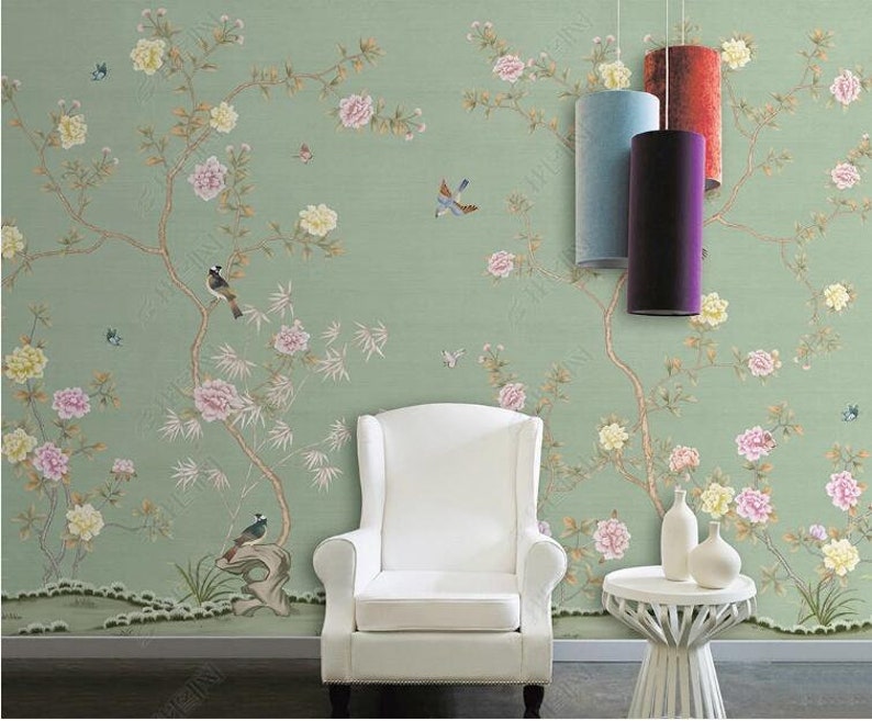 Fine Brushwork Chinoiserie Peony and Birds Wallpaper Wall - Etsy