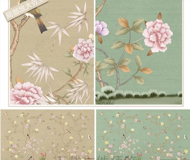 Fine Brushwork Chinoiserie Peony and Birds Wallpaper Wall - Etsy