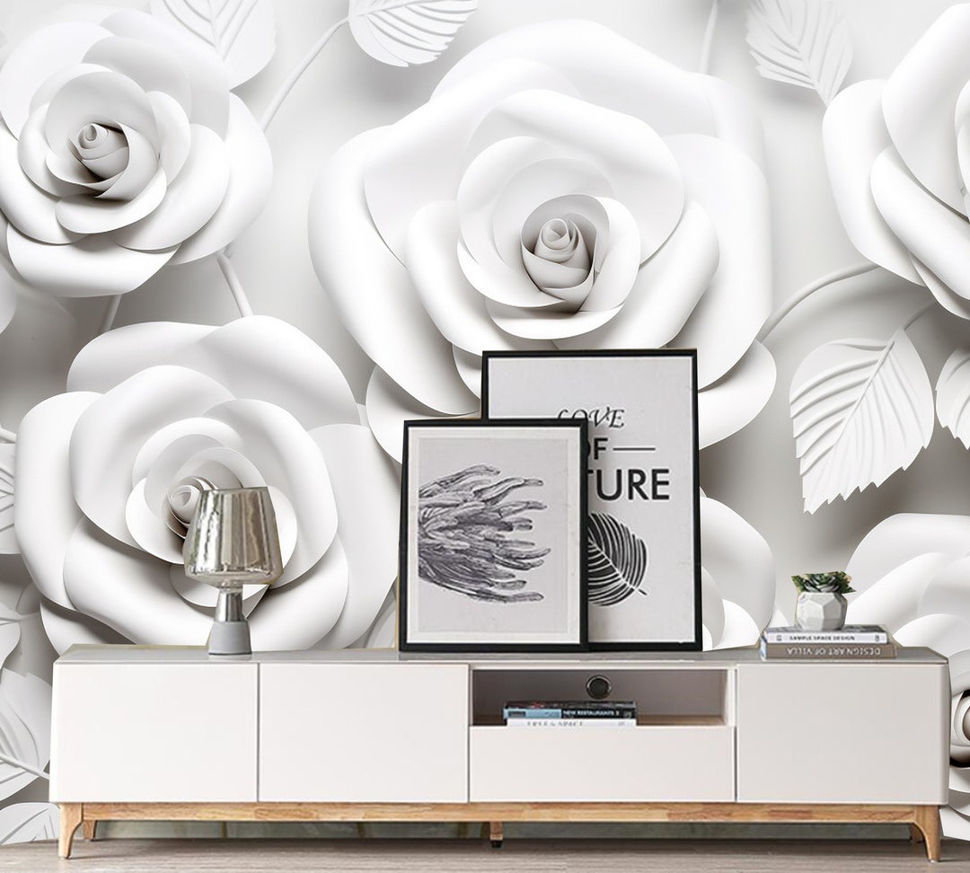 3D White Roses Flowers Wallpaper, Flowers Floral Wall Mural Wall Decor ...