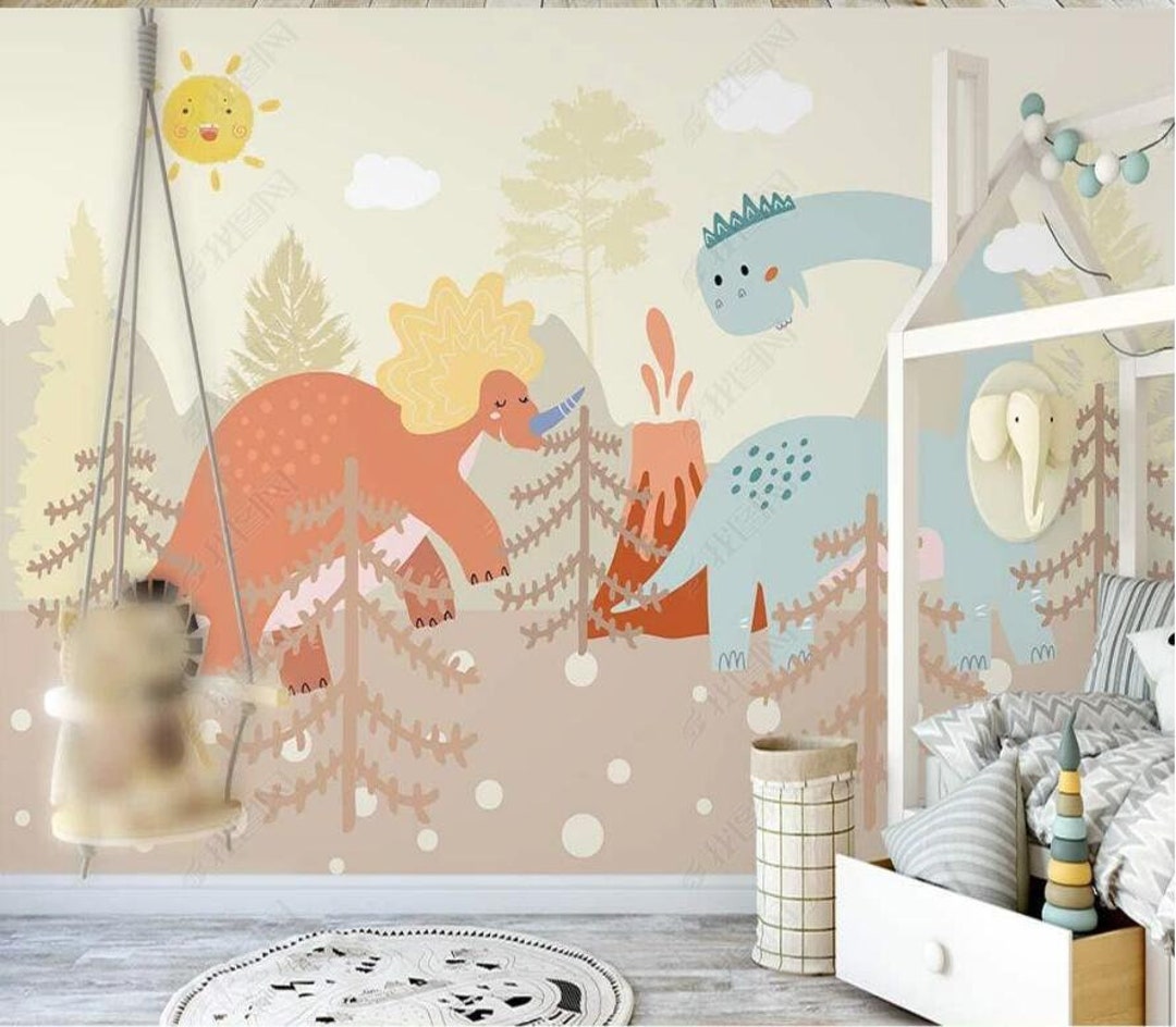 Catoon Dinosaurs Trees Forest Nursery Kids' Room Dinosaurs Wallpaper ...