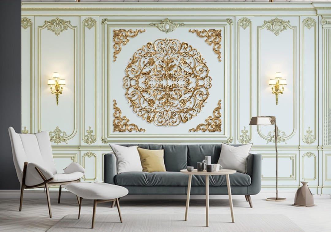 Design Interior Wall Render Floral Frame Wallpaper, Luxury Gold Frame ...