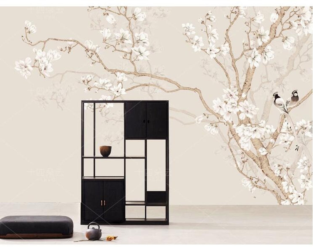 Hand Painted Large Magnolia Tree Flowers Tree Wallpaper Wall Mural ...
