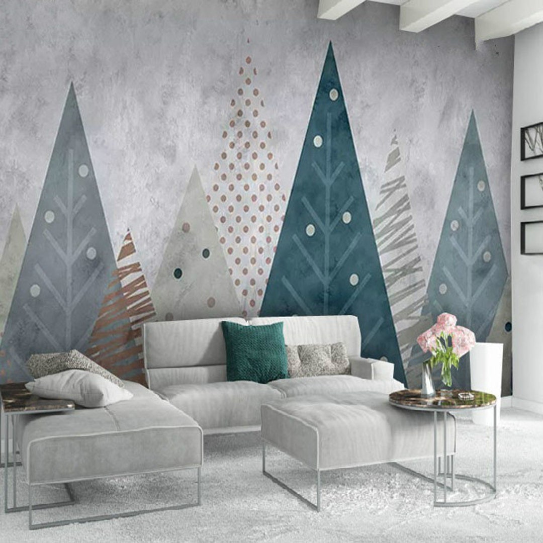 Hand Painted Cartoon Geometric Trees Nursery Children Wallpaper Wall ...