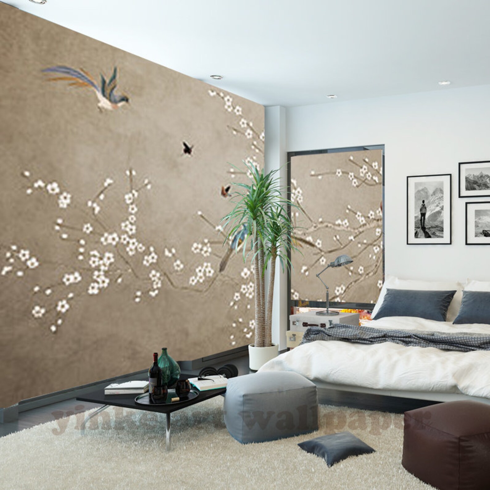 Fine Brushwork Chinoiserie Cherry Tree Wallpaper Wall Mural - Etsy