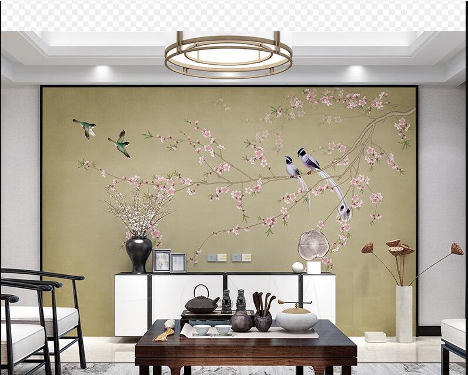 Fine Brushwork Cherry Blossom Flowers Birds Chinoiserie - Etsy