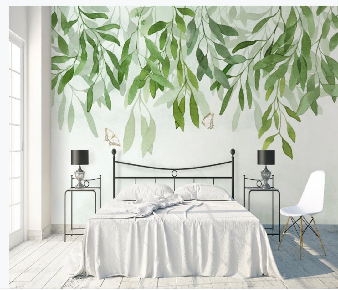 Watercolor Hanging Leaves Wallpaper Wall Mural, Green Hanging Leaves ...