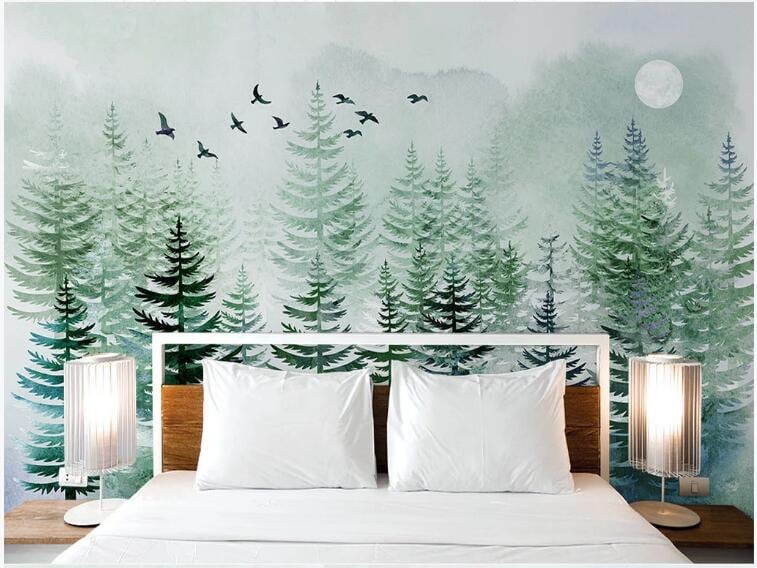 Abstract Pine Trees Wallpaper Wall Mural Green Pine Trees | Etsy