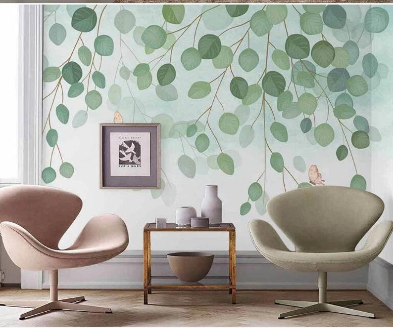 Watercolor Hanging Green Leaves Wallpaper Mural Hanging Green - Etsy