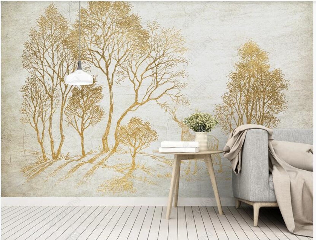 Golden Trees Wallpaper Wall Mural Abstract Trees With Deer - Etsy