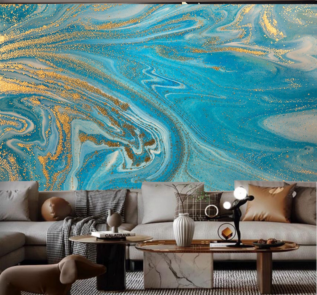 Blue Wave Pattern With Layers of Gold Sequins Marble Wallpaper Wall ...