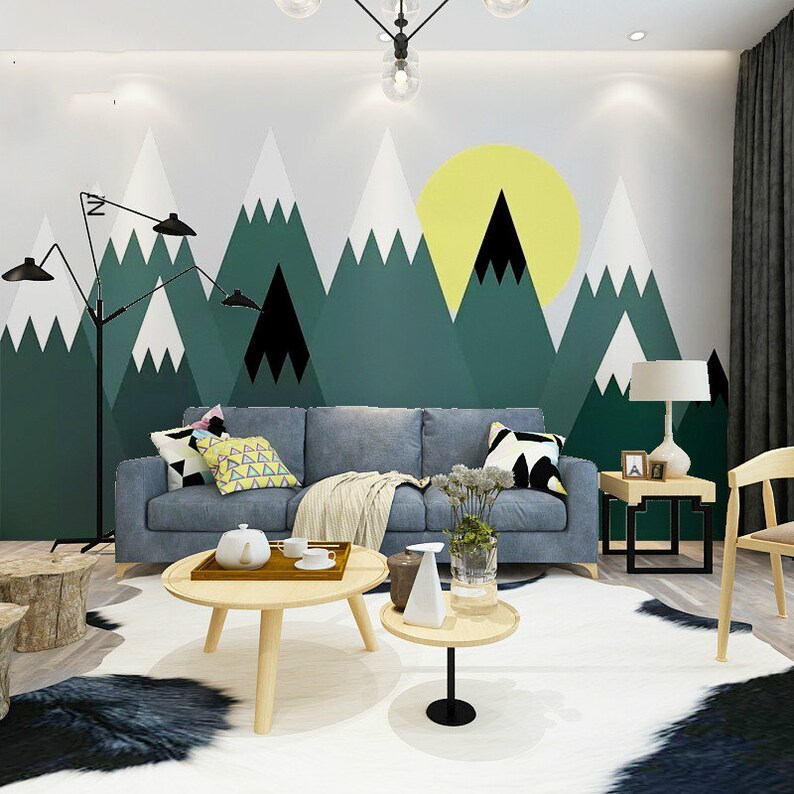 Hand Painted Geometric Mountains Wallpaper Wall Mural Green - Etsy