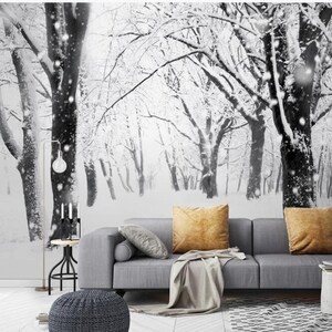 Abstract Snow Scenery Trees Wallpaper Wall Mural Hand Painted - Etsy
