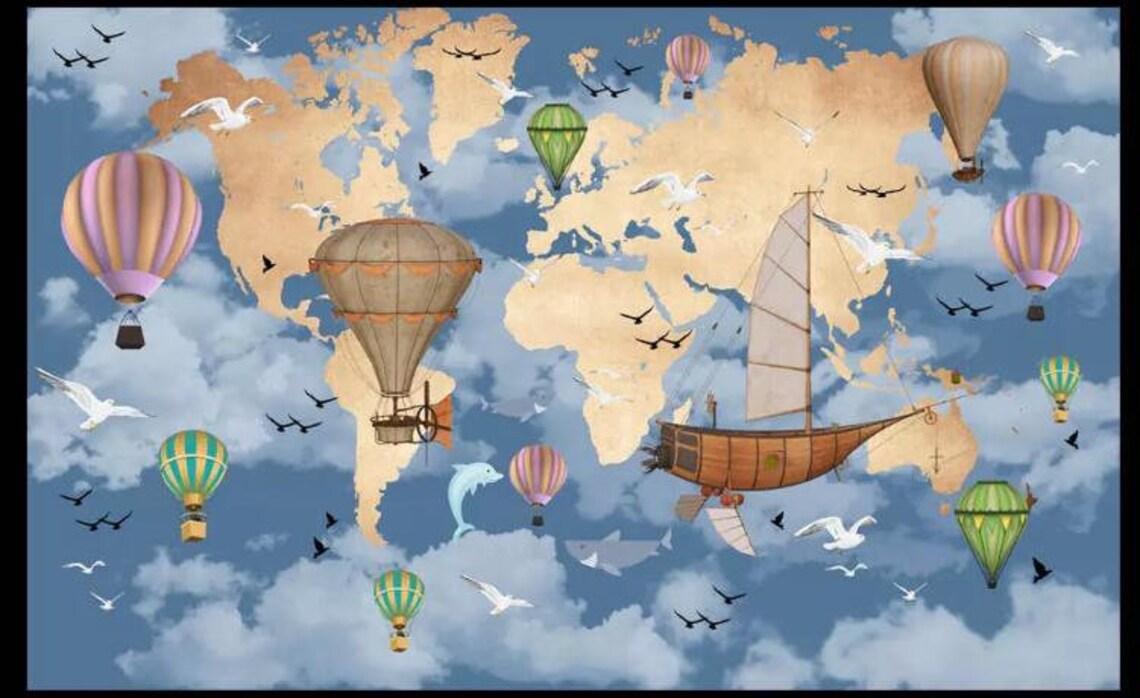 Hand Painted World Map Nursery Wallpaper Wall Mural Cartoon | Etsy