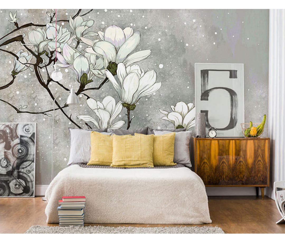 Hand Painted Magnolia Branch Wallpaper Wall Mural, Fine Brushwork Grey ...