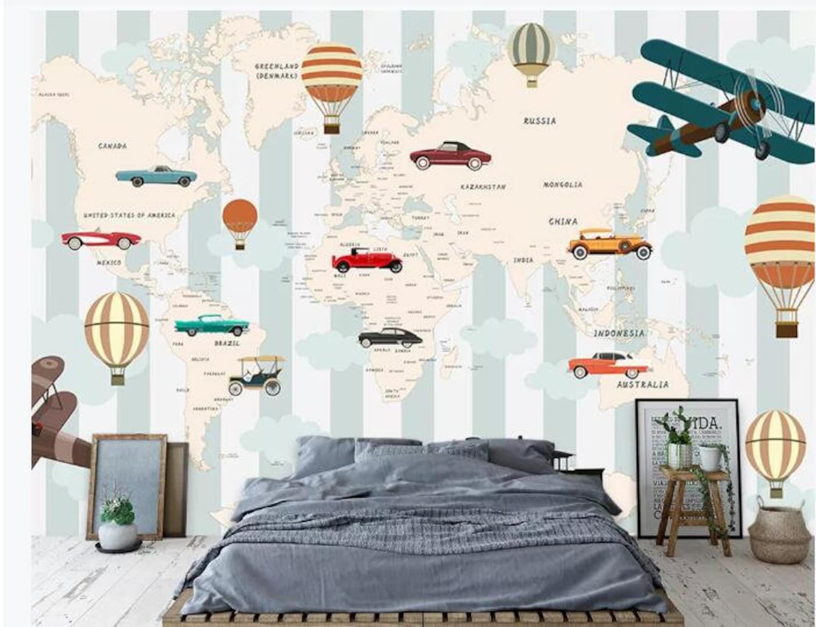 Lovely Cartoon World Map Nursery Wallpaper Wall Mural World - Etsy