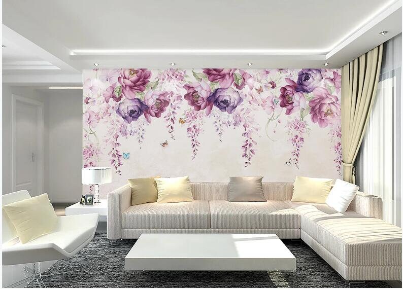 Watercolor Hanging Flowers Floral Wallpaper Wall Mural Purple - Etsy