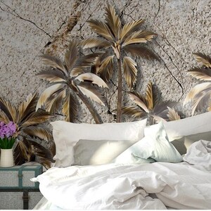 3D Vintage Coconut Trees Wallpaper Wall Mural, Stone Background With ...