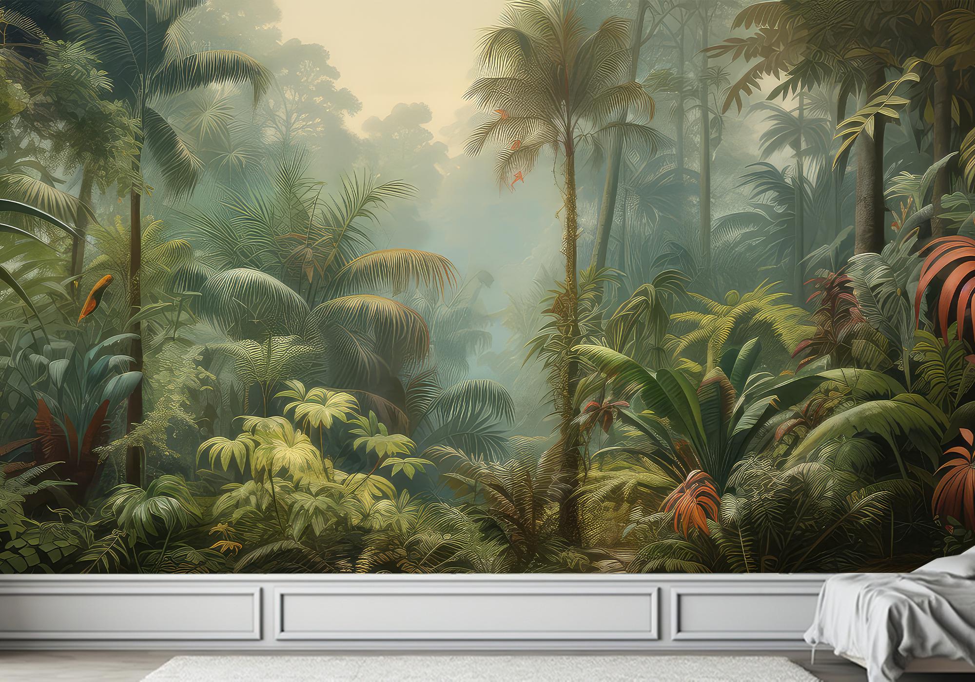 Painting of a Jungle Landscape Wallpaper, Watercolor Pattern Tropical ...