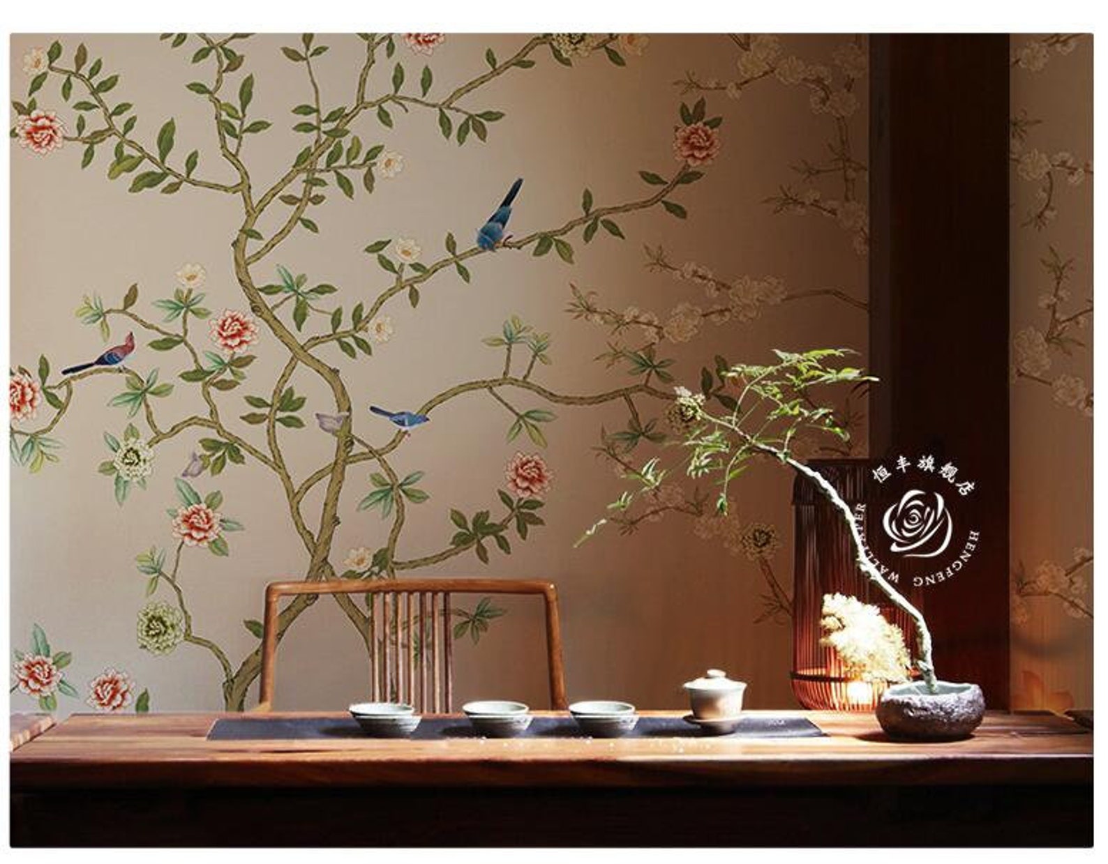 Hand Painted Cherry Tree Chinoiserie Wallpaper Wall Mural - Etsy Canada