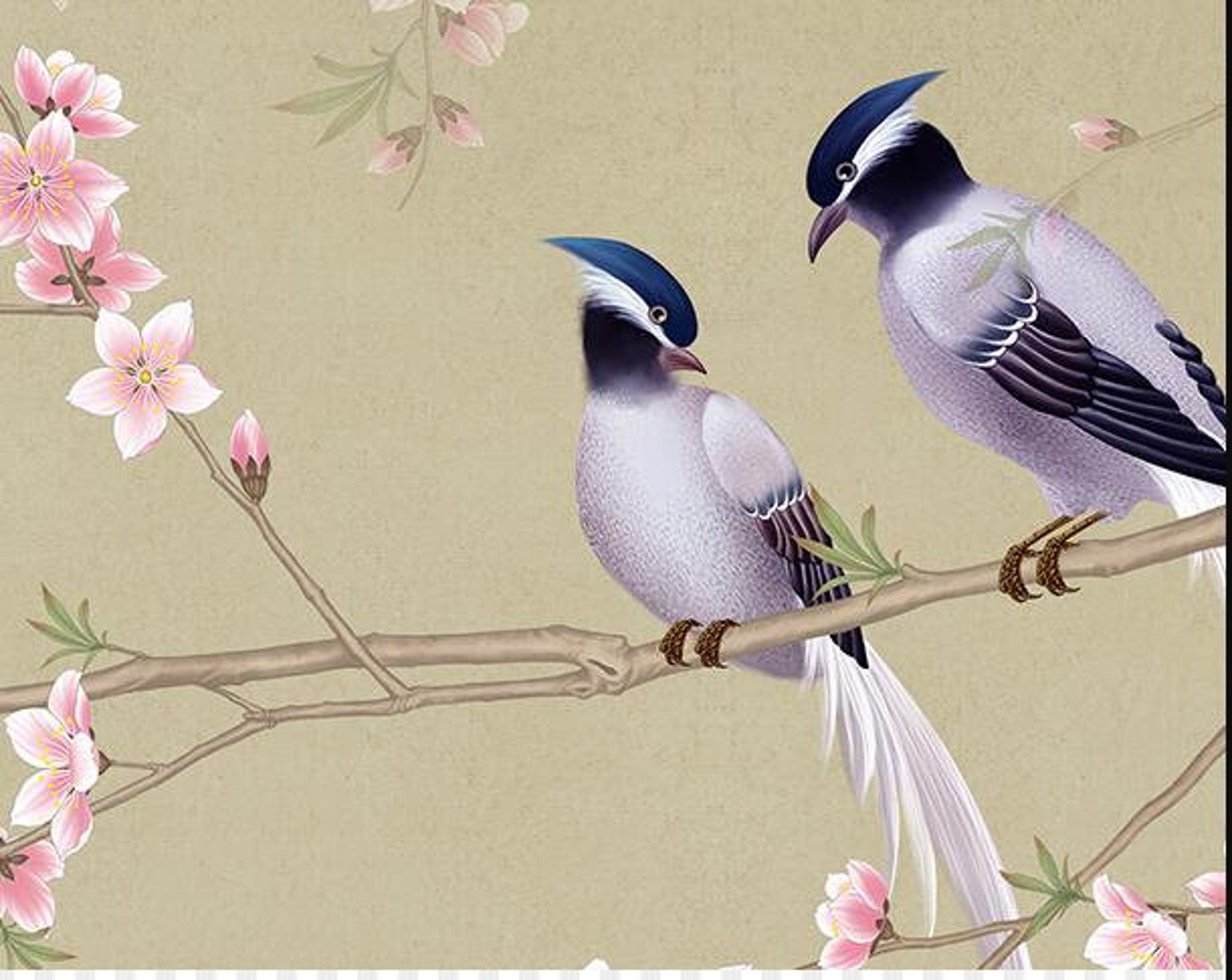 Fine Brushwork Cherry Blossom Flowers Birds Chinoiserie | Etsy