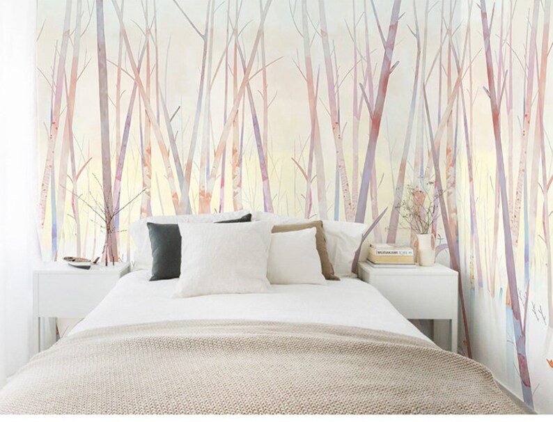 American Style Forests Wallpaper Wall Mural Watercolor Hand | Etsy