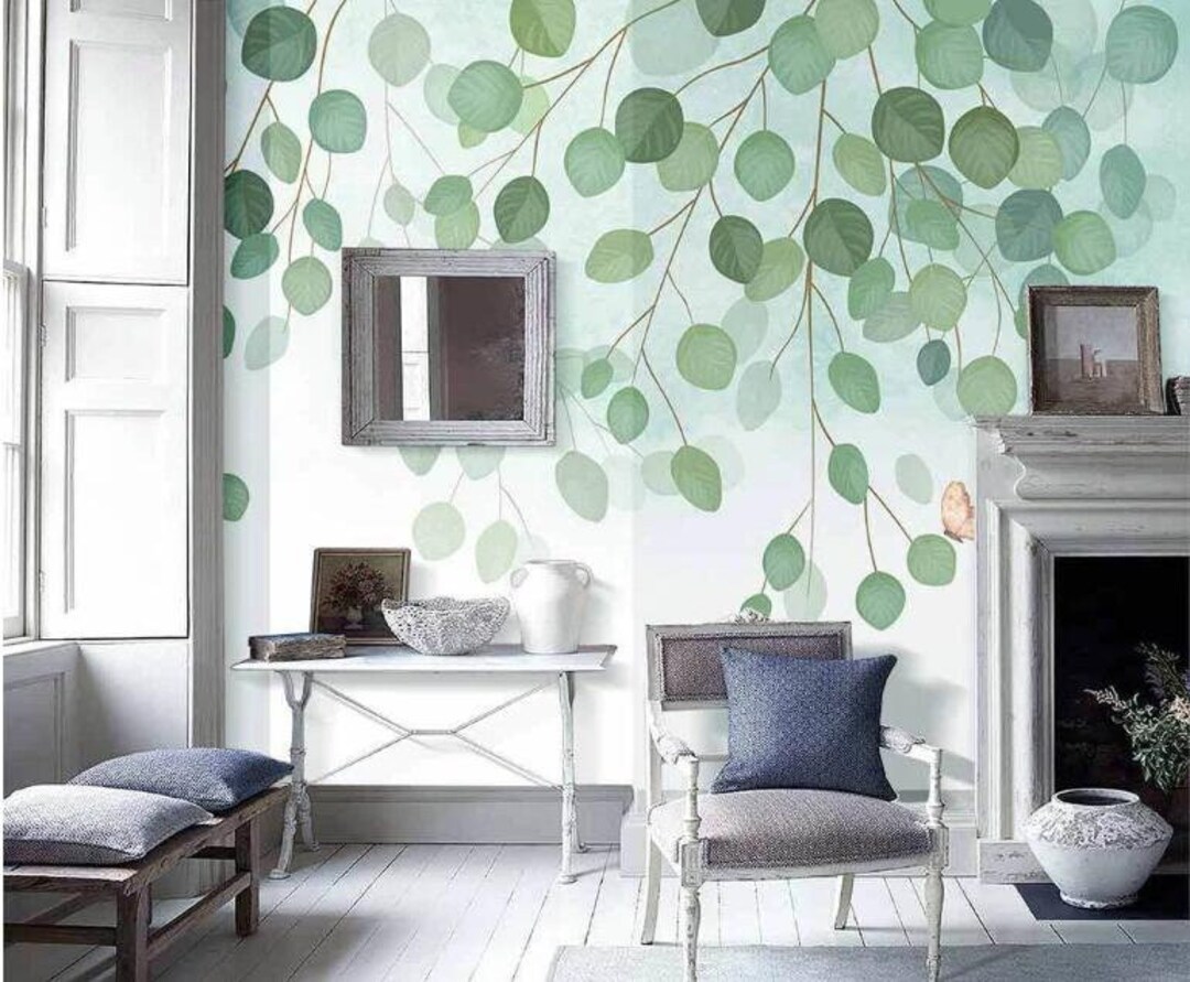 Watercolor Hanging Green Leaves Wallpaper Mural, Hanging Green Leaves ...