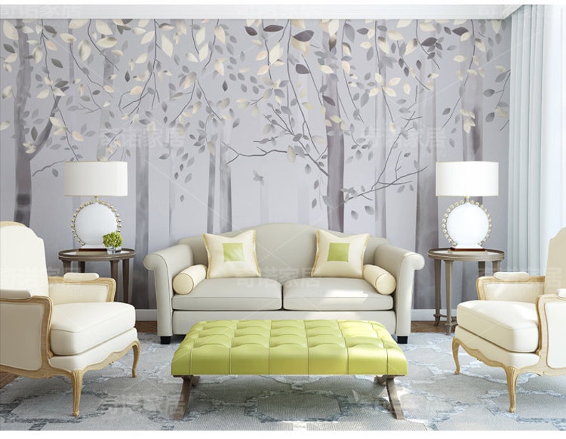 Hand Painted Grey Trees Wallpaper Wall Mural Grey Forest - Etsy