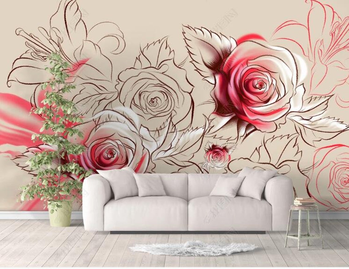 Red Roses Floral Wallpaper Wall Mural 3D Roses Floral Wall - Etsy