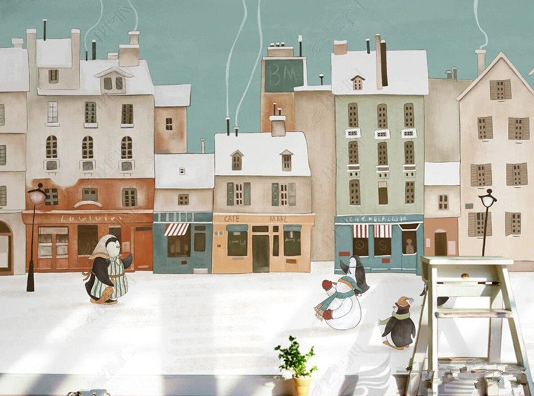 Original Cartoon Creative Penguin Castle Nursery Kids Room Wallpaper ...