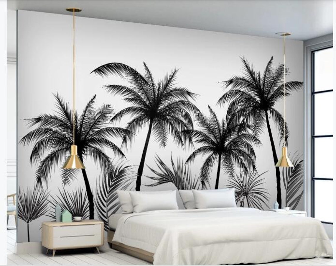 Sketch Black and White Coconut Trees Wallpaper Wall Mural | Etsy