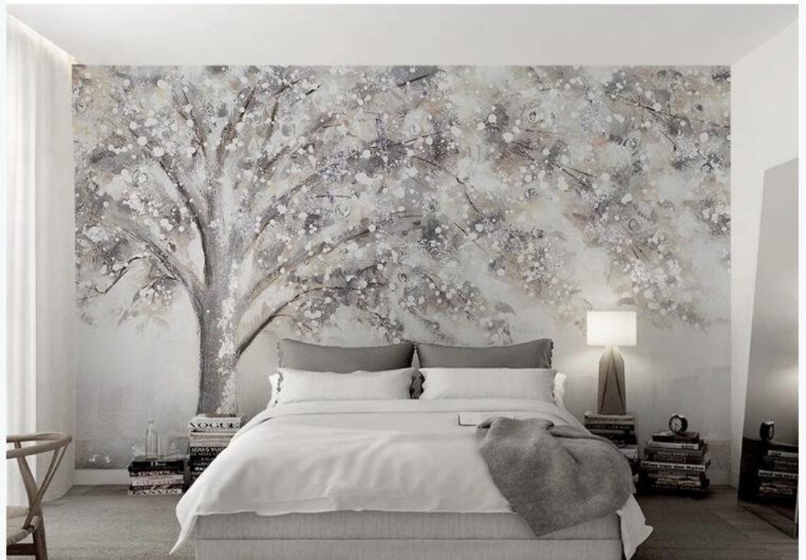 Abstract Silver One Large Tree Wallpaper Wall Mural One Large - Etsy