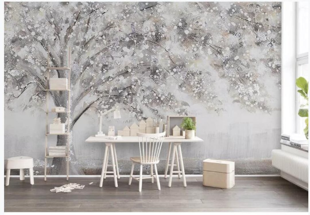 Abstract Silver One Large Tree Wallpaper Wall Mural, One Large Silver ...