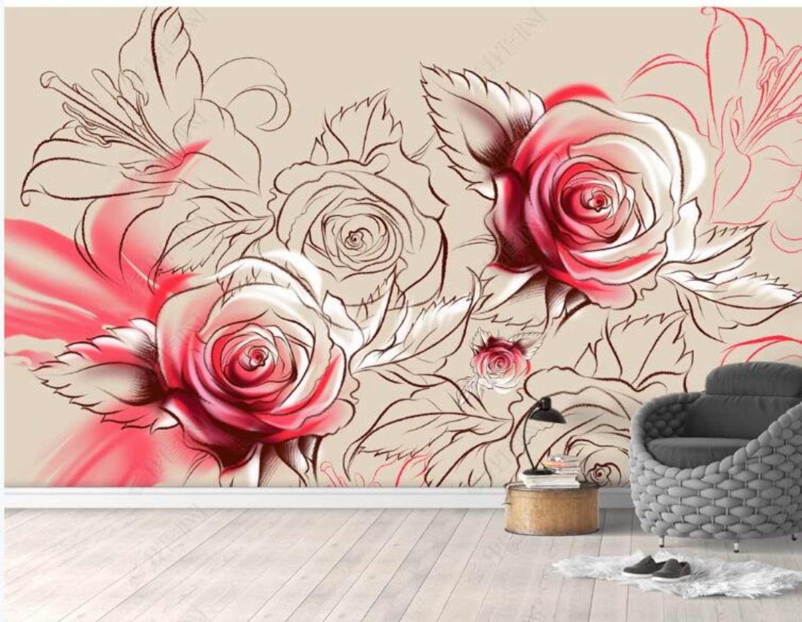 Red Roses Floral Wallpaper Wall Mural 3D Roses Floral Wall - Etsy
