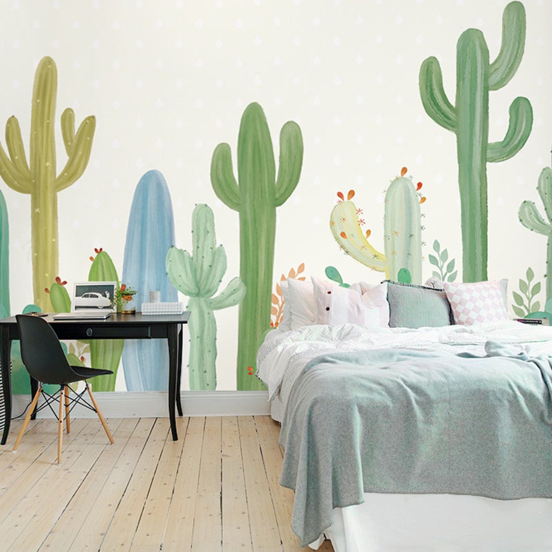 Watercolor Hand Painted Cactus Plants Wallpaper Wall Mural, Nursery ...